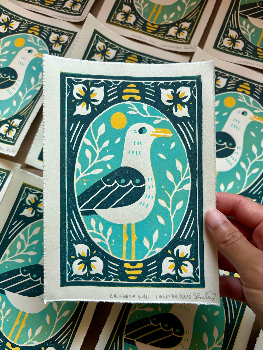 California Gull - Reduction Block Print – Shirley Jackson / LIONINTHETREES
