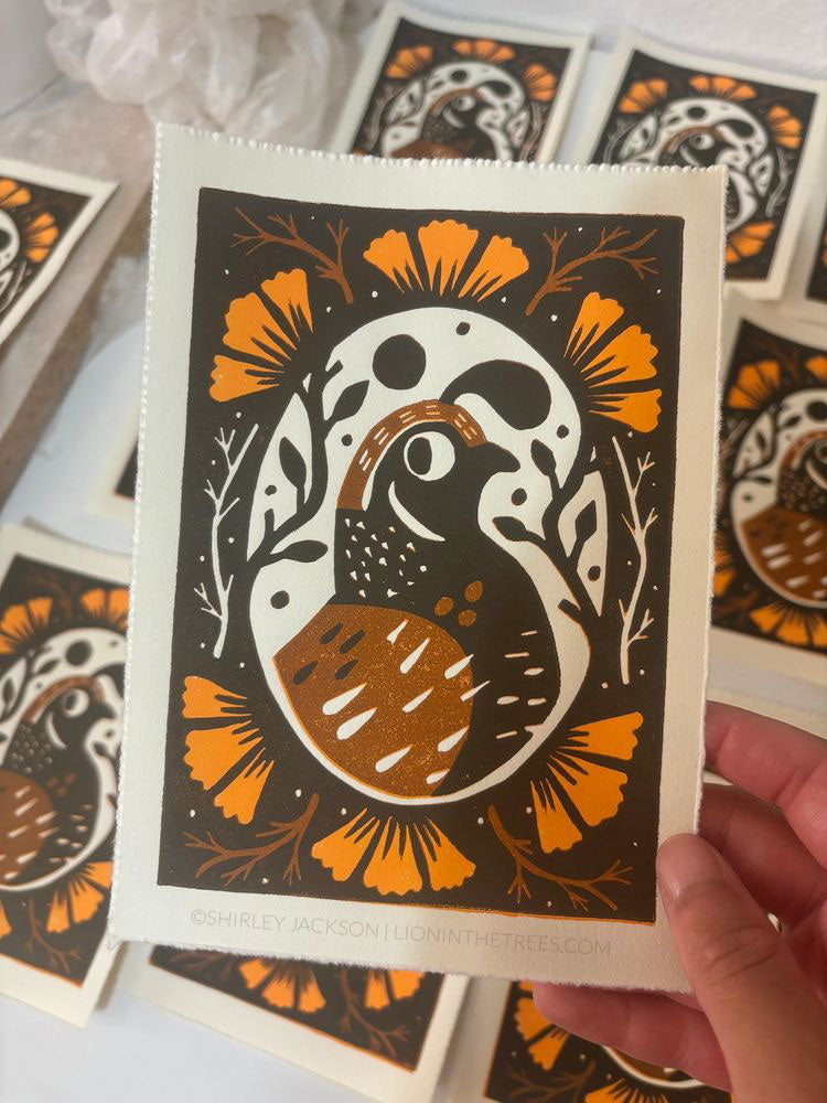 California Quail - Reduction Block Print – Shirley Jackson / LIONINTHETREES